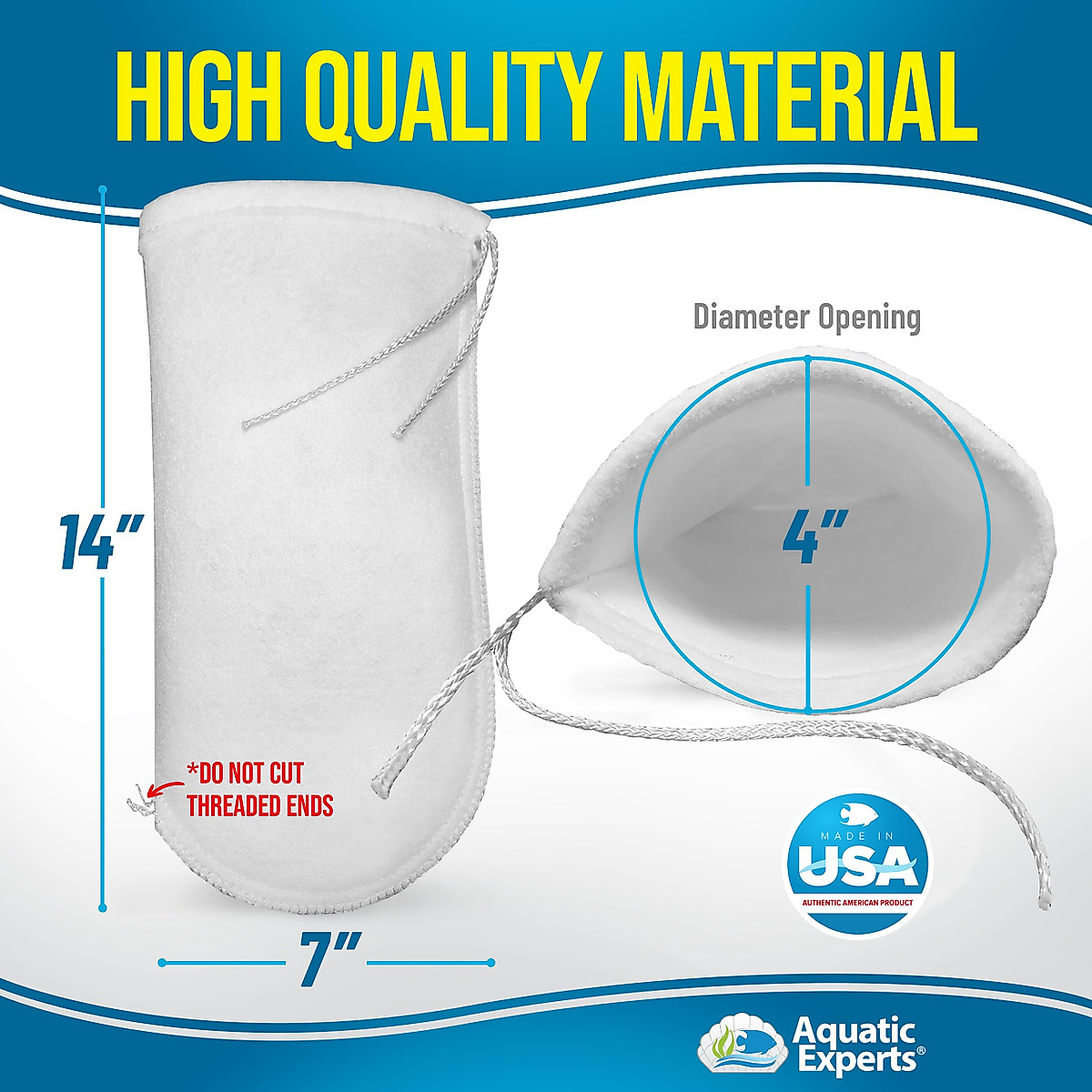 Aquatic Experts 200 Micron Drawstring Filter Sock - Filter Socks for Saltwater Aquarium, Sump Filter Sock, Freshwater Aquarium Filter Sock - Custom Made in The USA (4 inch by 14 inch, 4 Pack)