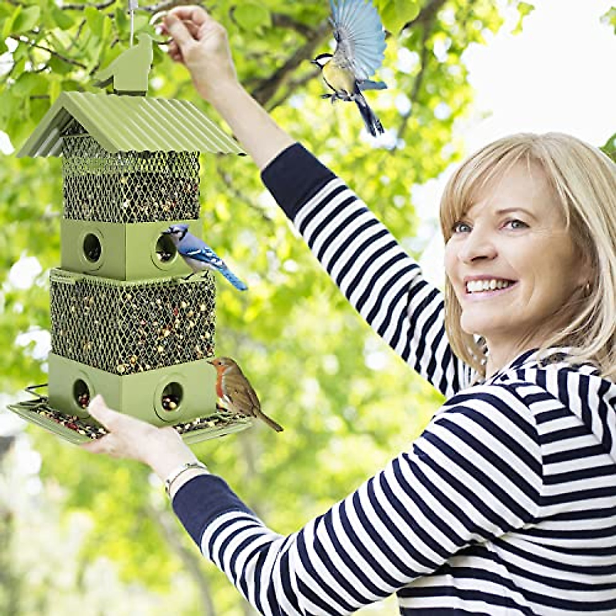 Metal Bird Feeder for Outside,6.2 lbs Large Capacity for Outside Hanging Bird Feeder for Wild Birds Chew-Proof and Water Resistant Wild Bird feeders for Cardinal, Finch, Chickadee, Blue Jay(Green)