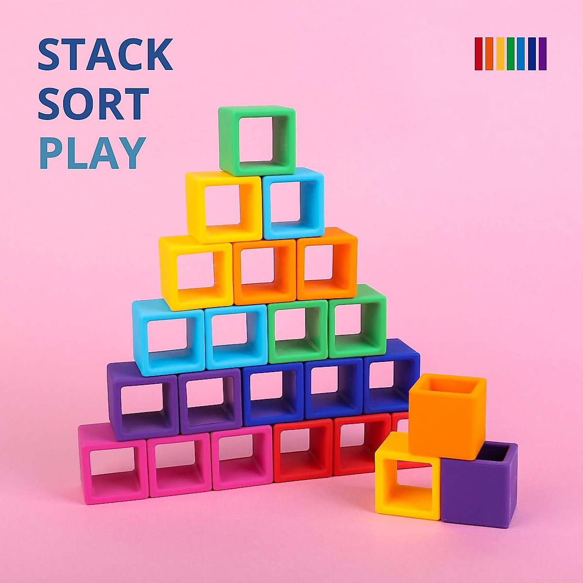 BLUE GINKGO Silicone Rainbow Blocks - Giftable Soft Blocks for Kids | BPA Free Silicone Blocks | Montessori Blocks, Silicone Rainbow Stacking Toy with Sorting Tray (24 PC - Vibrant)