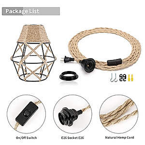 Industrial Plug in Pendant Light - 16.4ft Hanging lights with Plug In Cord Hemp Rope Hanging Lamp Farmhouse Hanging Light Fixtures with On/Off Switch for Kitchen Island Bedroom Living Room