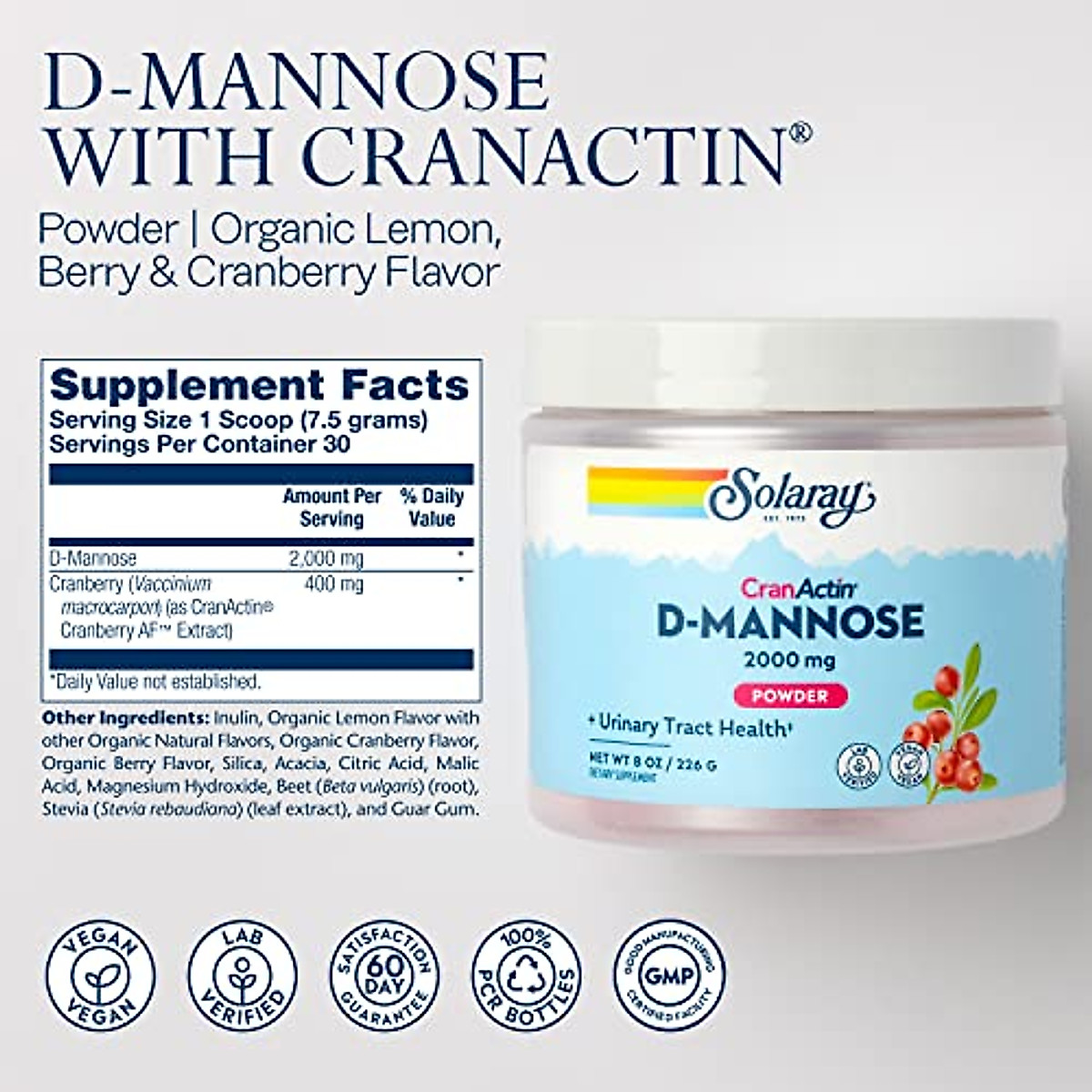 SOLARAY D-Mannose with CranActin Cranberry AF Extract Powder, 2000 mg, 400 mg of Cranberry Extract, Healthy Urinary Tract Support, Organic Natural Lemon, Cranberry and Berry Flavor, 30 Servings, 8 oz