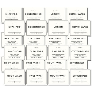 Verute Waterproof Labels for Amber Glass Soap Dispenser and Plastic Bottles 3.15"x2.35" Peel & Stick - Kitchen, Bathroom & Shower Set - 24 Pieces (White)