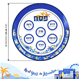 Jerusalem Passover Seder Plate 12" Melamine BPA-Free Passover Plates 6 Sectional Plate Marked with Symbolic Traditional Pesach Seder Foods Round Seder Tray Passover Dinnerware by Zion Judaica - 1 PC