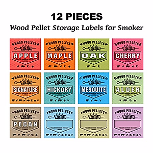 Smoker Grill Pellet Label Stickers, for Wood Pellet Storage Containers, Pasted on Pellet Storage Bucket for Easy Identification of Pellets of Different Flavors,Set of 12 Sticker Labels