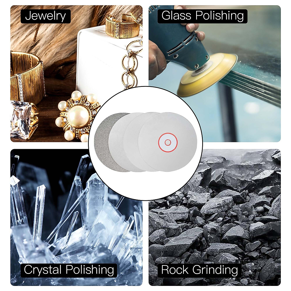 awliye 4Pcs Diamond Grinding Disc, 6" x 1/2" Arbor Grinder Disc Sanding Discs, Flat Lap Wheel Diamond Polishing Disc Set 80/400/800/1200 Grit Lapping Grinding Tools for Gemstone Glass Rock Ceramics