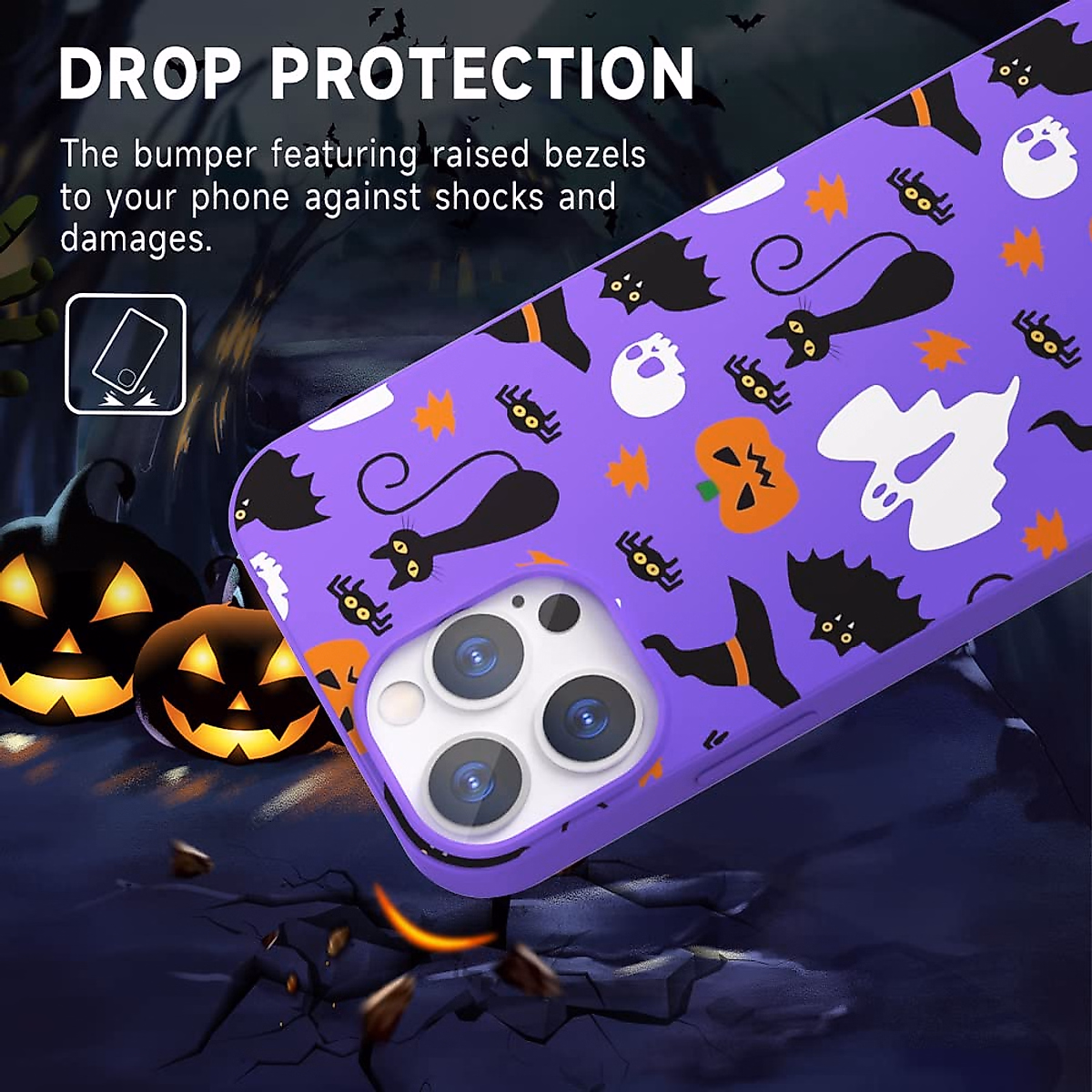 CAROKI Halloween Matte Phone Case for iPhone 13 Pro Max with Purple Matte Halloween Ghost Pumpkin Pattern Soft TPU Anti-Fall Protective Slim Shockproof Cover for iPhone 13 Pro Max