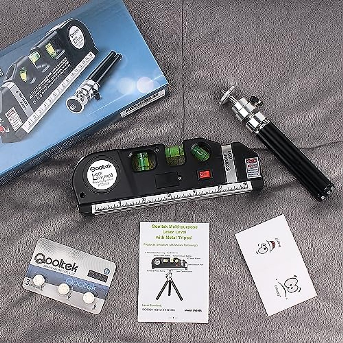 Laser Level, Qooltek Multipurpose Cross Line Laser 8 feet Measure Tape Ruler Adjusted Standard and Metric Rulers for hanging with Metal Tripod Stand(Black)
