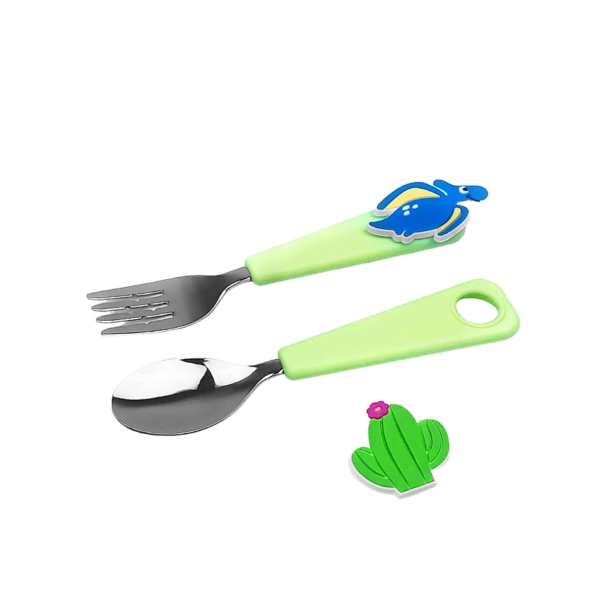 Flex&Lock Flexwarez Kids Utensil Set with Flexcharmz Silicone Charms Accessories - Easy to Decorate Spoon and Fork - Fun lunch for Toddler and Kids - Dinosaur World Theme/ 2 Pack/Pteranodon & Cactus