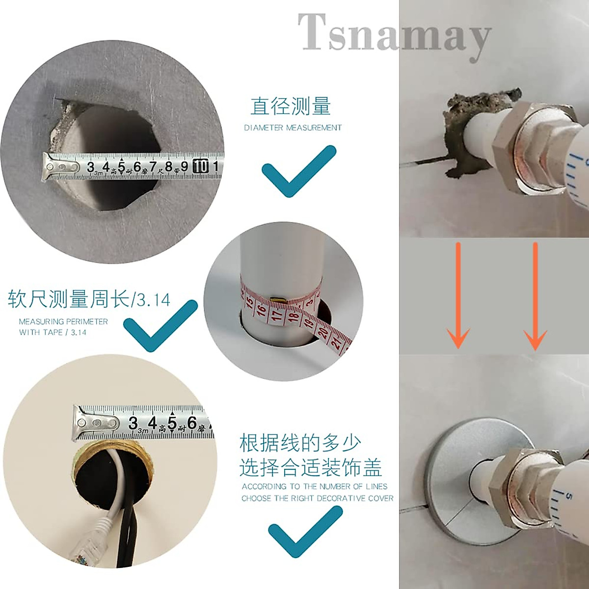 Tsnamay 4 Pcs Wall Split Flange, ABS Round Self-Adhesive Escutcheon Plate Buckles Design for 1"/26mm,Silver