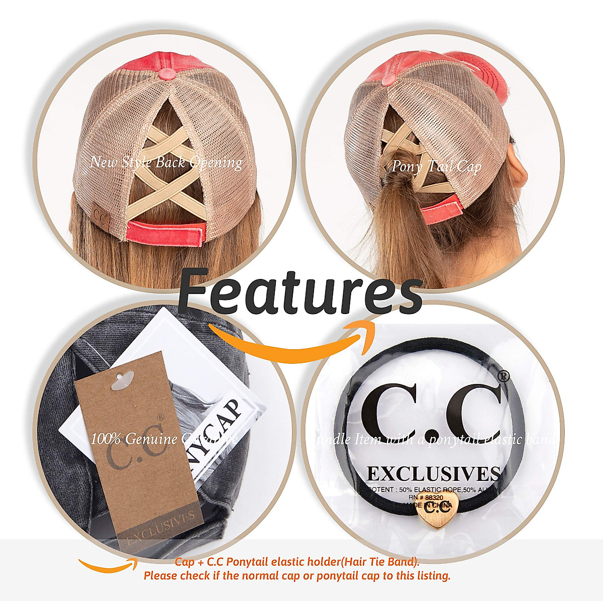 C.C Exclusives Washed Distressed Cotton Denim Criss-Cross Ponytail Hat Baseball Cap Bundle Hair Tie (BT-780)(BT-791) (A Elastic Band-Black)