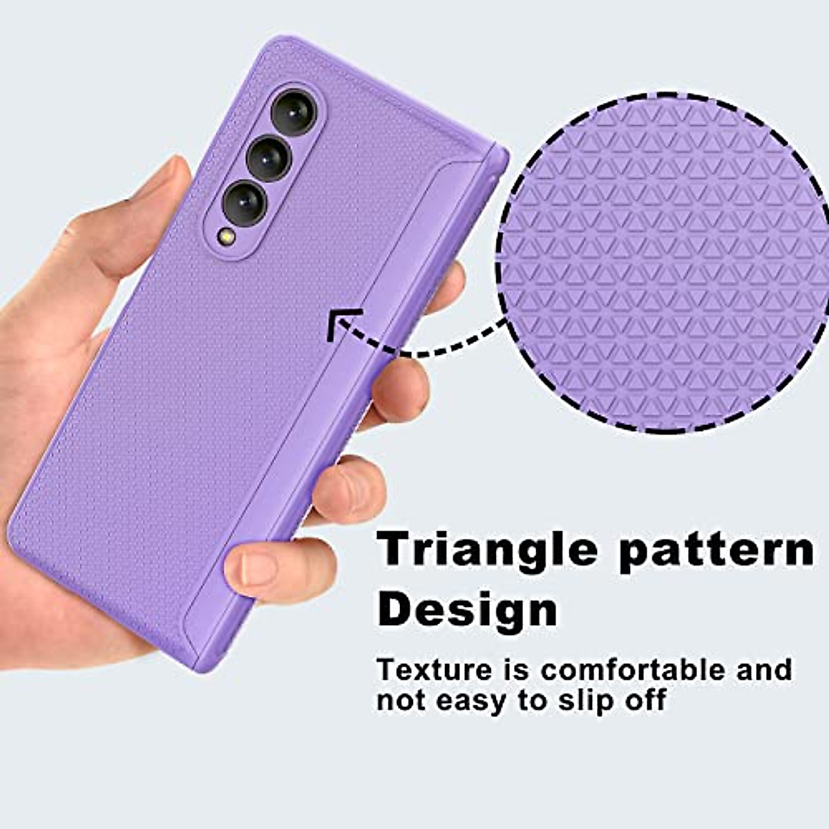 Fold 3 Case with Hinge Protection & Screen Protector, Triangular Anti-Skid Texture Design, Slim Fit Lightweight Protective Cover Supports Wireless Charging for Samsung Galaxy Z Fold 3 5G (Purple)