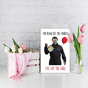 BENNLOOS Horror Themed Birthday Card Decorations for Anyone, Funny Michael Myers Birthday Card for Him Her, Scream Killer Movie Bday Gifts for Best Friend