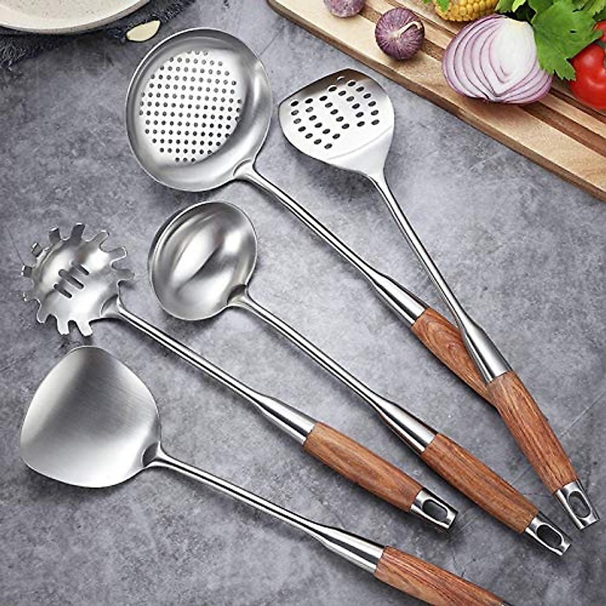 5-Piece Cooking Kitchen Utensil Set Kitchen Tool Set,304 Stainless Steel, Wood Handle, Kitchenware Accessory