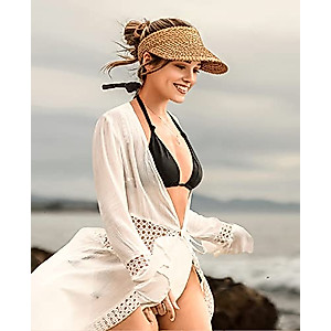 Visors for Women, Straw Sun Visors for Women Beach Hats for Women Packable Sun Hat Womens Visor Handmade Straw Hats for Women Khaki