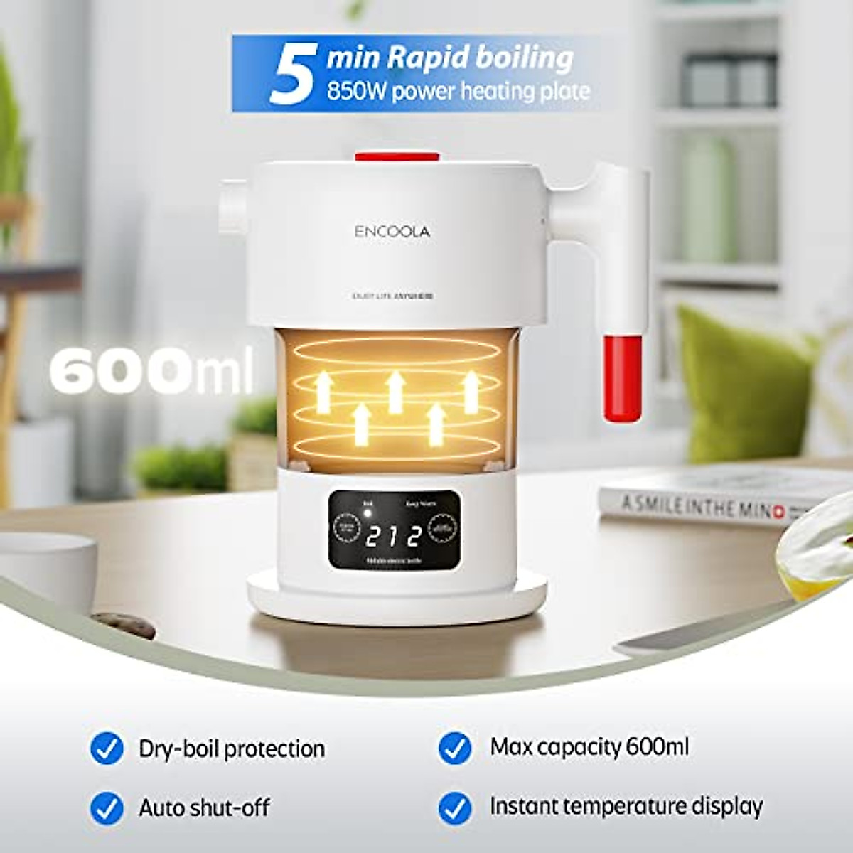 Encoola Travel Foldable Electric Kettle 110V-240V Portable Small Tea Kettle 850W Collapsible Hot Water Kettle 600ml Baby Bottle Heater Dual Voltage BPA Free