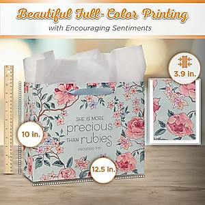 Christian Art Gifts Large Landscape Gift Bag for Moms w/Greeting Card & Tissue Paper Set: More Precious Than Rubies - Prov. 3:15 Inspirational Bible Verse for Mother's Day, Birthdays, Blue/Pink, Large