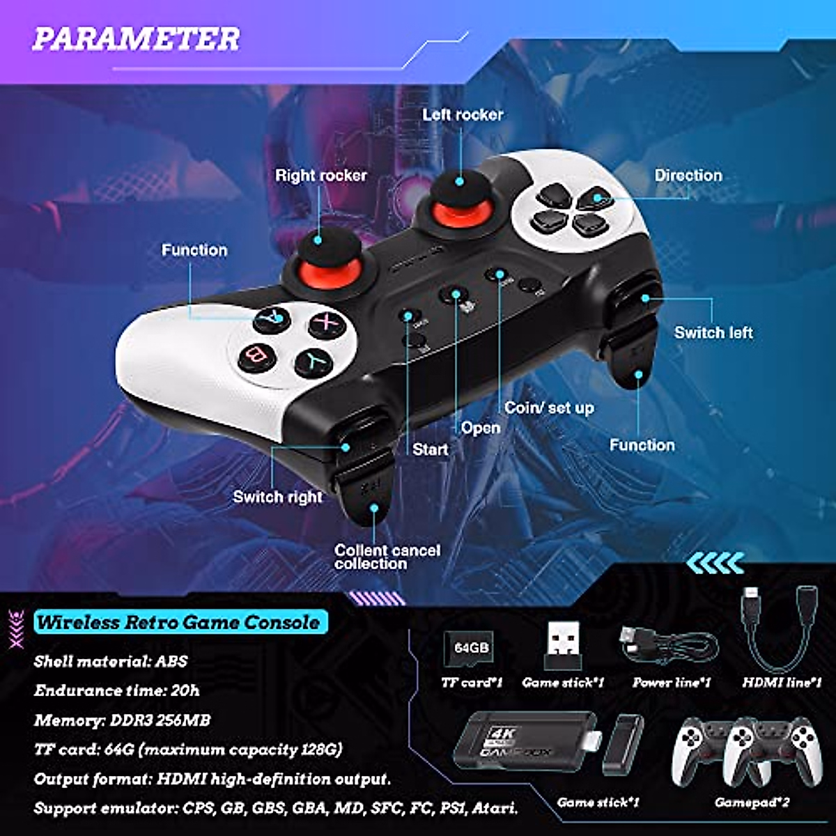 Wireless Retro Game Console, Equipped with 64G TF Card Plug and Play, Nostalgia Game Stick 4K 20000+ Games Built-in, 9 Classic Emulators, with Dual 2.4G Upgraded Wireless Controllers, White