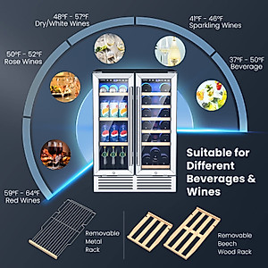 COSTWAY 24 Inch Wine and Beverage Refrigerator, Dual Zone 19 Bottles and 57 Cans Wine Cooler, Under Counter Wine Fridge with Lock, Built-In Freestanding Beverage Fridge for Beer Soda Drink