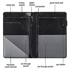 Server Books for Waitress - Leather Waiter Book Server Wallet with Zipper Pocket, Cute Waitress Book&Waitstaff Organizer with Money Pocket Fit Server Apron（Classic Black）