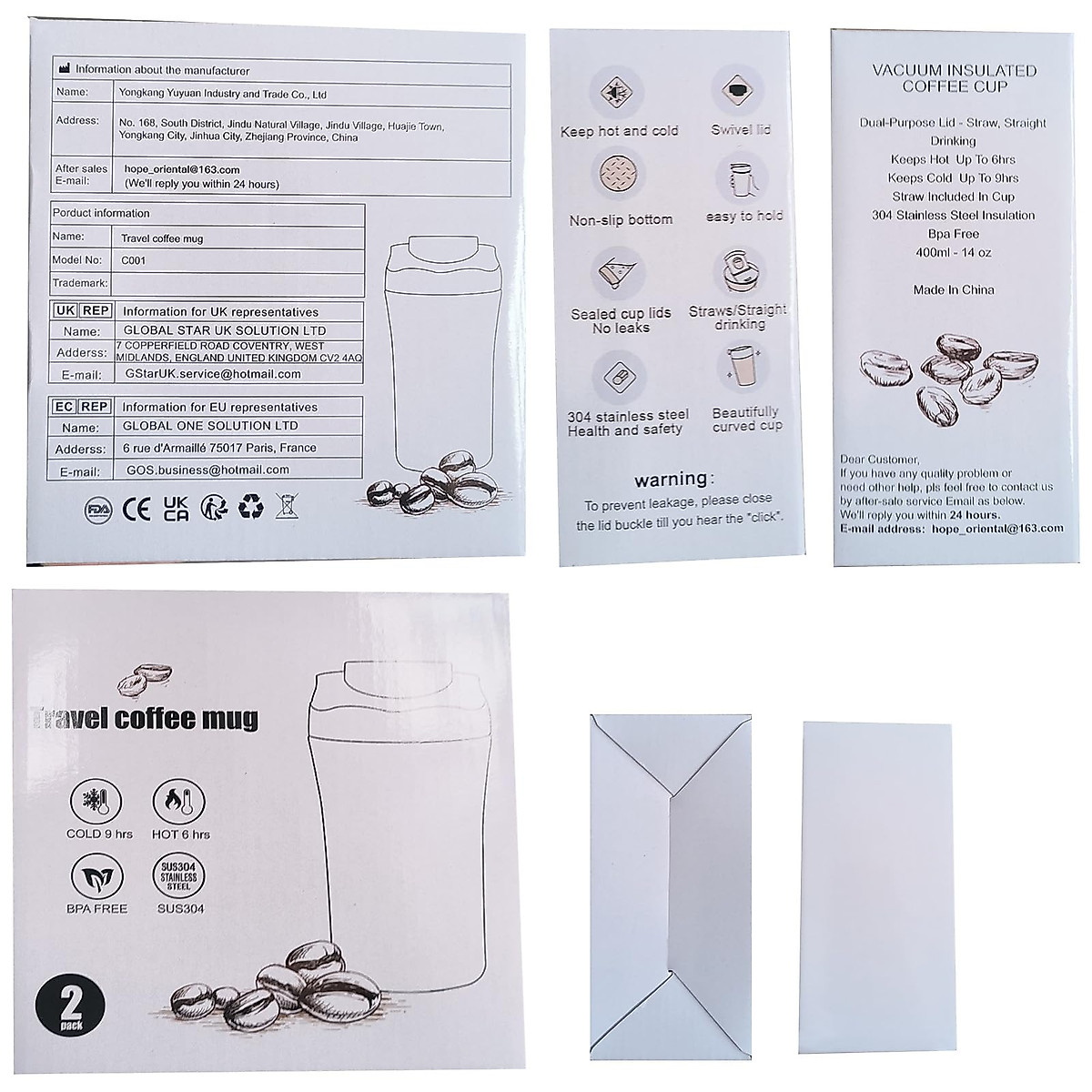 14 oz Travel Coffee Mug, 2 Pack Vacuum Insulated Coffee Travel Mug Spill Proof with Lid and Straw, Reusable Coffee Tumbler for Keep Hot/Ice Coffee,Tea and Beer, Car Thermos Cup Gift for Christmas