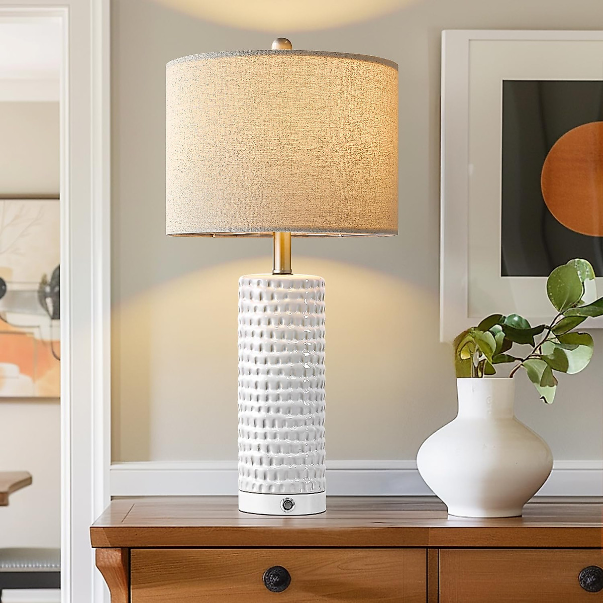 PORTRES 24" Farmhouse 3-Way Dimmable Touch Ceramic Table Lamp Set of 2 for Bedroom White Bedside Lamps with USB A+C Charging Ports for Living Room Nightstand Lamp End Table Lamps