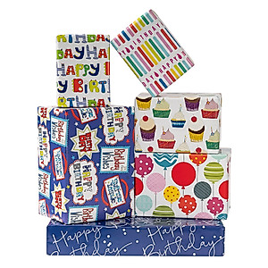 Titiweet Happy Birthday Wrapping Paper Sheets with Cut Line, Recycled Gift Wrapping Paper, 6 Sheets Folded Flat Gift Wrap with Sticker Ribbon Tape, 20 x 28 Inches Per Sheet