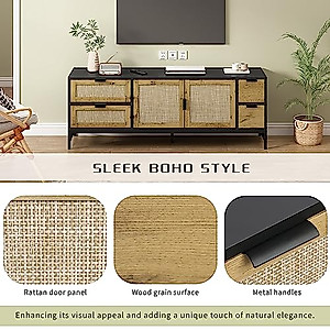 Voohek Rattan Boho TV Stand with Drawers and Adjustable Shelves, Entertainment Center w/Storage for 65 inch Television, Media Console Table for Living Room, Black