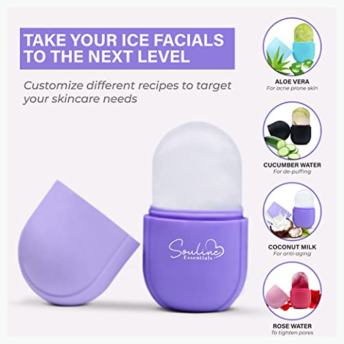 Souline Essentials Ice Facial Cube, ice roller for face eyes and neck, skin care tool used to firm and sculpt the face, eliminate under eye puffiness, great addition to any beauty routine (Purple)