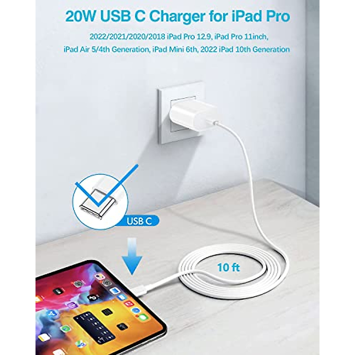 20W USB C Fast Charger with 10ft USB C to C Charging Cord for 2022/2021/2020/2018 iPad Pro 12.9 Gen 6/5/4/3, iPad Pro 11 Gen 4/3/2/1, iPad Air 5th/4th Generation, iPad 10th Generation, iPad Mini 6th