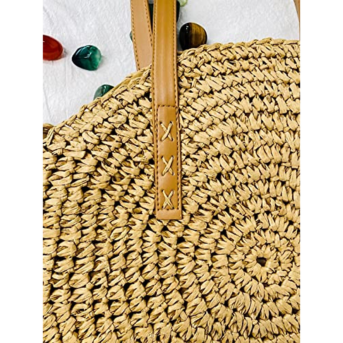 Seamido Straw Bag Handwoven Beach Bags Corn Straw Tote Woven Shoulder Bag For Women (Khaki)