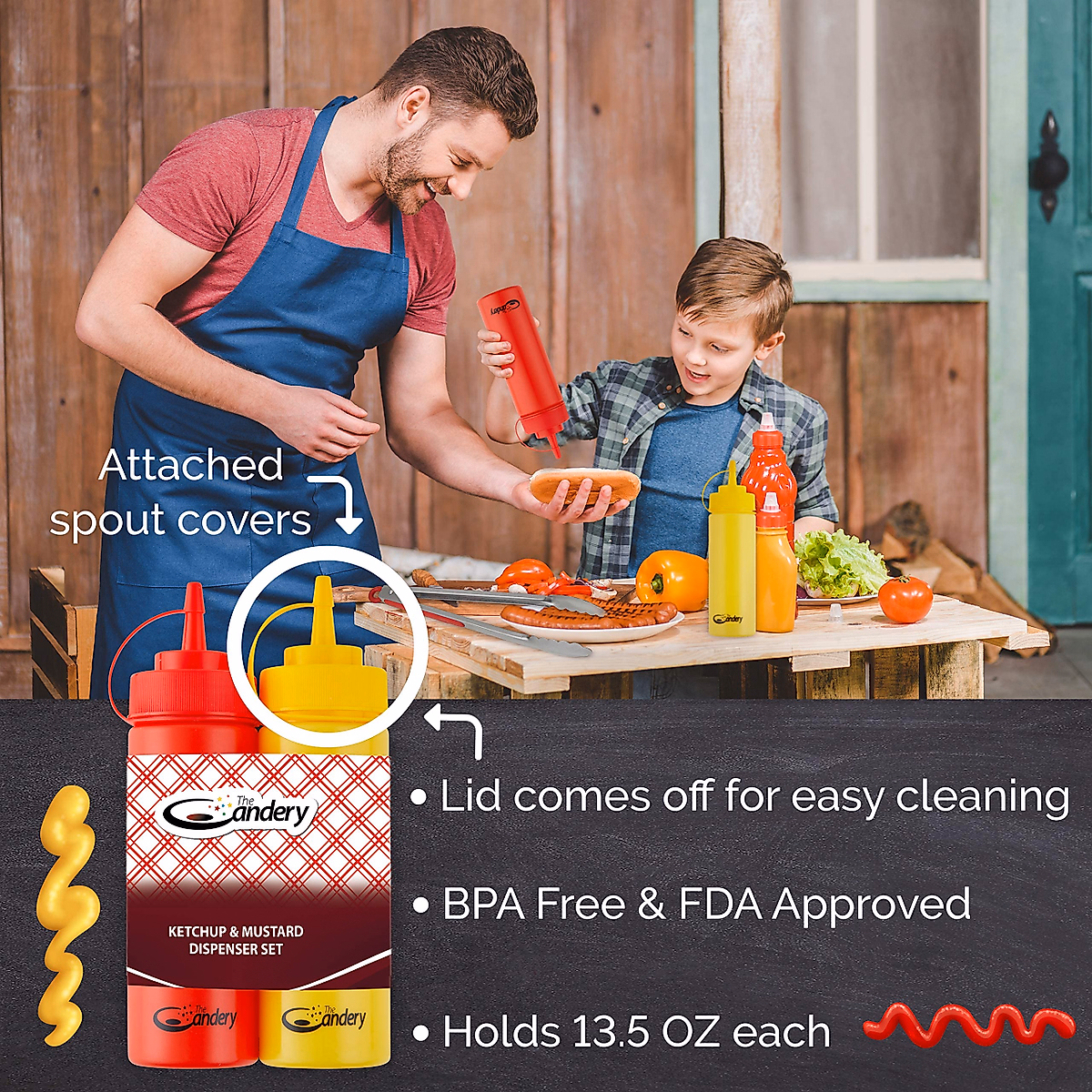 The Candery Hot Dog Accessories Set- Ketchup and Mustard Squeeze Bottles - for Carnivals, BBQs, Picnics, Concession Stands (Squeeze Bottles)