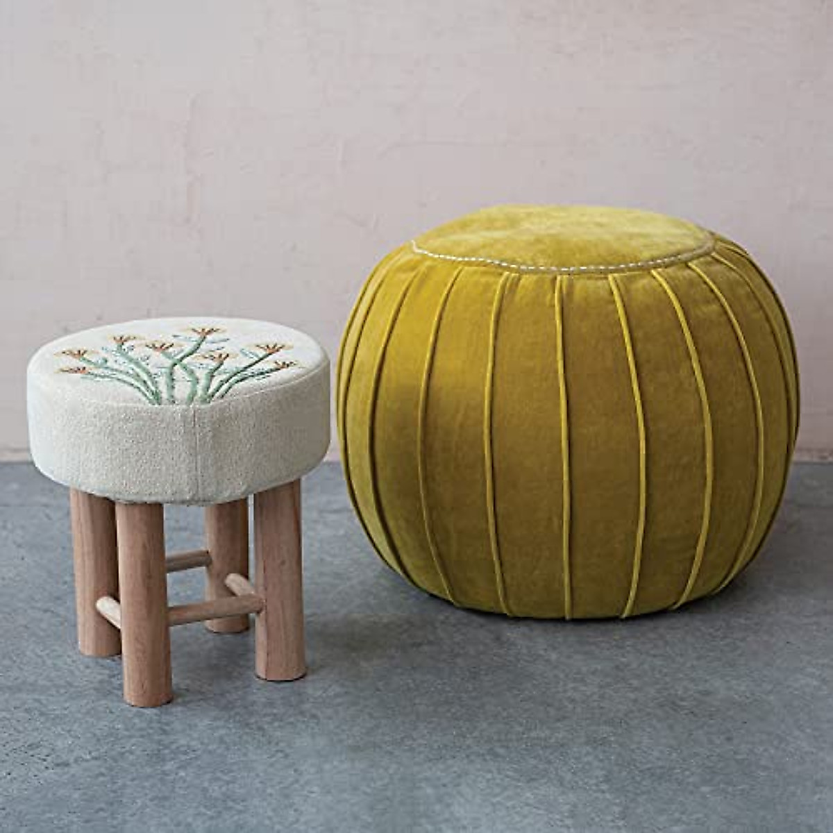 Creative Co-Op Boho Cotton Upholstered Floral Embroidery and Oak Wood Legs, Multicolor Stool, Ivory