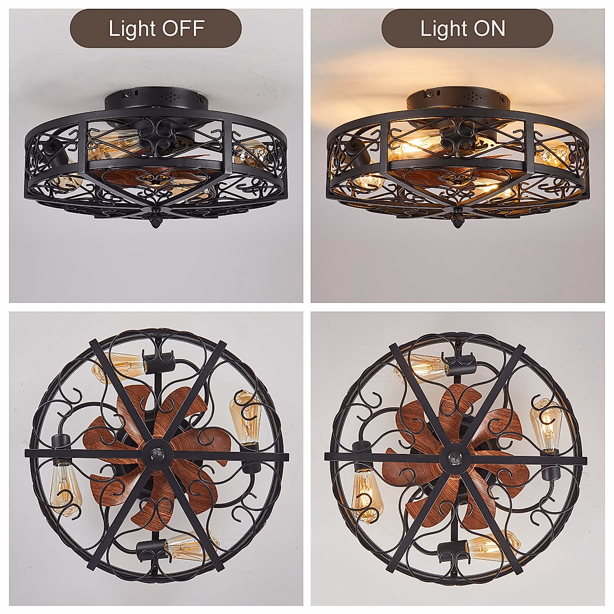 MeZeYo 20" Caged Farmhouse Flush Mount Ceiling Fan with Light and Remote Control Bladeless Low Profile Ceiling Fans with Lights Enclosed Vintage Fan 6 Speed Reversible for Kitchen, Bedroom
