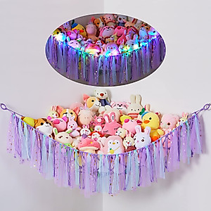 Beinou Stuffed Animals Net or Hammock Hanging Plush Toy Hammock with LED Lights Colorful Tassels Hammock for Stuffed Animals for Kids Playroom Nursery Decor