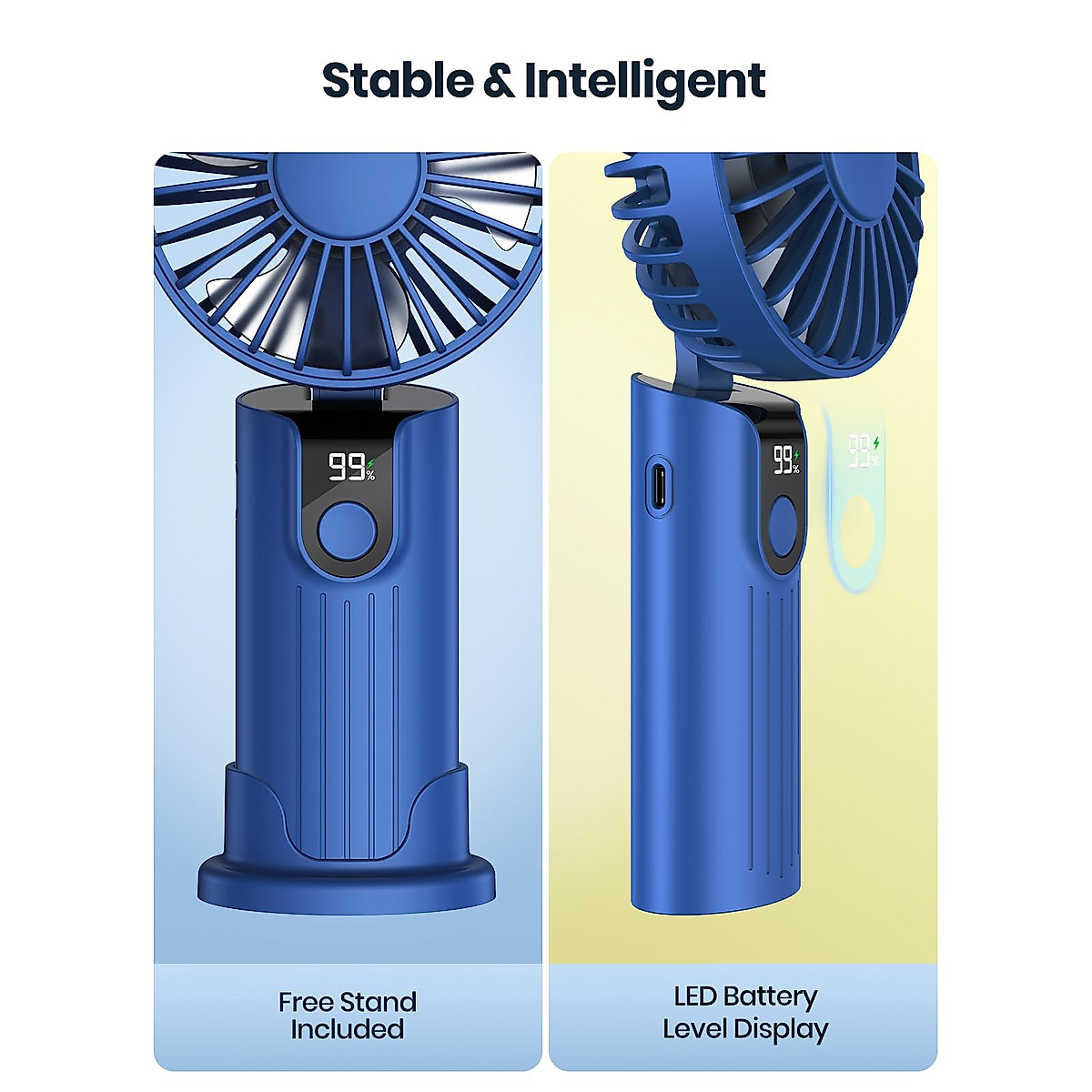 WarmCo Portable Handheld Fan, 5000mAh USB Rechargeable Foldable Fan 3 in 1 Personal Travel Fan with Digital Display,90° Foldable Desk Fan with Base, Mini Desk Fan for Makeup/Commute/Office