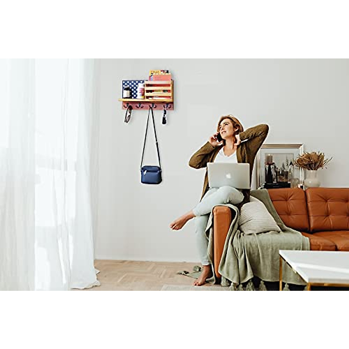 American Flag Key Holder & Organizer with Shelf for Wall. Crafted of Natural Fir Wood, Hand Painted in Patriotic Red, White, Blue. Unique Design, Decor Accent for Entry, Office, Living Room, Bedroom