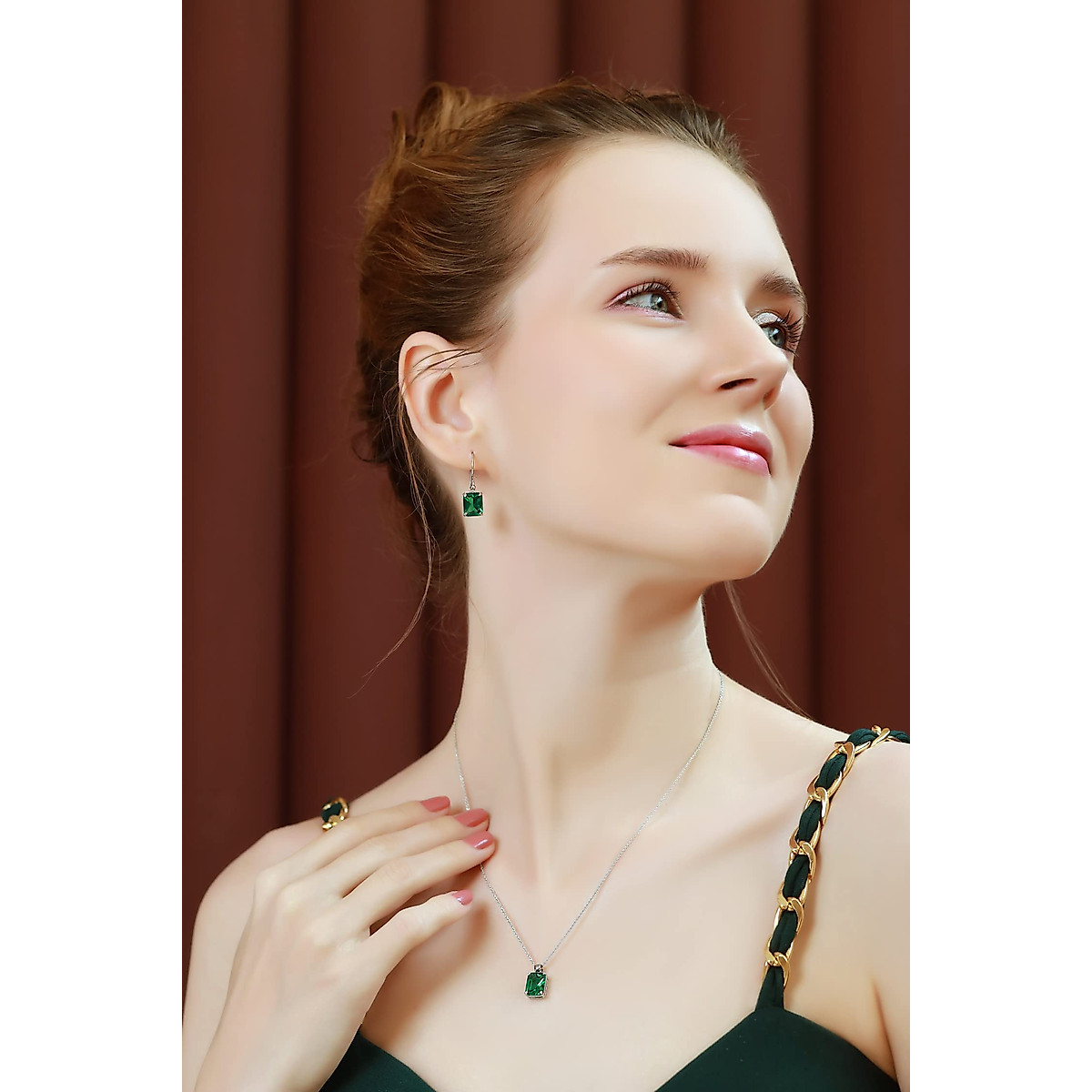 Sterling Silver Simulated Emerald Octagon-Cut Solitaire Drop Dangle Earrings for Women