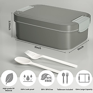 Adult Lunch Bento Box - 66oz / 1960ml Bento Box for Adult, Lunch Containers with 2 Sauce Containers & Utensil Set, 100% Leak Proof, BPA-Free, Dishwasher/Microwave Safe, Office, School & Picnic, Grey