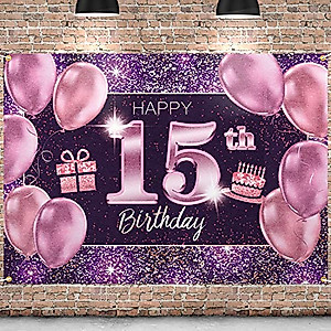 PAKBOOM Happy 15th Birthday Banner Backdrop - 15 Birthday Party Decorations Supplies for Girl - Pink Purple Gold 4 x 6ft