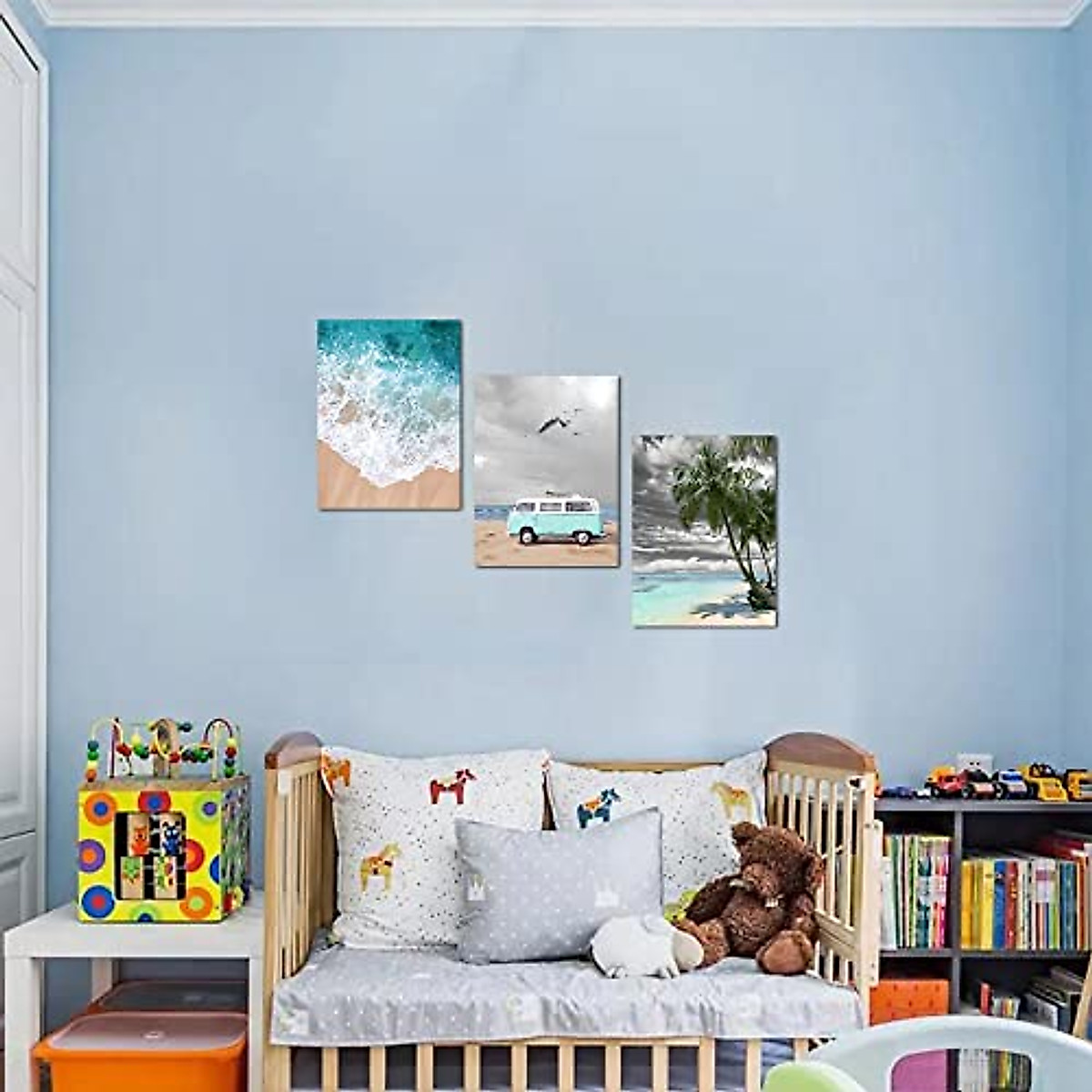 Enartly Beach Canvas Wall Art Coastal Turquoise Pictures Bathroom Decor Trees Paintings Sea Wave Blue Teal Ocean Vocation Bus Artwork Framed for Bedroom Living Room Dinning Room Decor 12"x16"x3 Panels