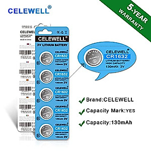 CELEWELL CR1632 5 Pack CR 1632 Battery Lithium 3v for Garmin Vivofit Jr Key Fob Replacement 【5-Year Warranty】