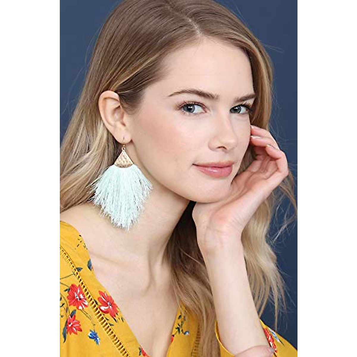 Bohemian Silky Thread Fan Fringe Tassel Statement Earrings - Lightweight Strand Feather Shape Dangles (Feather Fringe - Mint)
