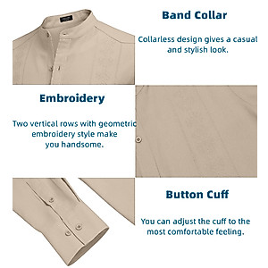 COOFANDY Men's Linen Beach Shirt Shirts Casual Long Sleeve Button Down Linen Cuban Camp Collarless Solid Shirt Khaki