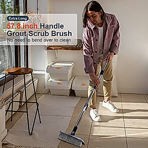 2 in 1 Swivel Grout Brush with 57.8" Long Handle,120°Rotatable Floor Scrub Brush,Shower Grout Scrubber for Tile Floors Kitchen Bathroom,Crevice Squeegee V-Shaped Corner Brush for Hard to Reach Areas