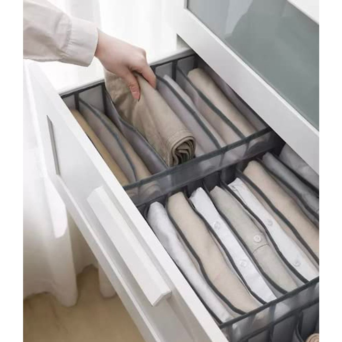 Mesh Wardrobe Clothes Organizer for Jeans and shirt, Upgraded Sturdy Large Drawer storage box for Clothing with Handle Foldable, Drawer Organizers Clothes (4 Packs: Shirt+Jeans+T-Shirt, Grey)