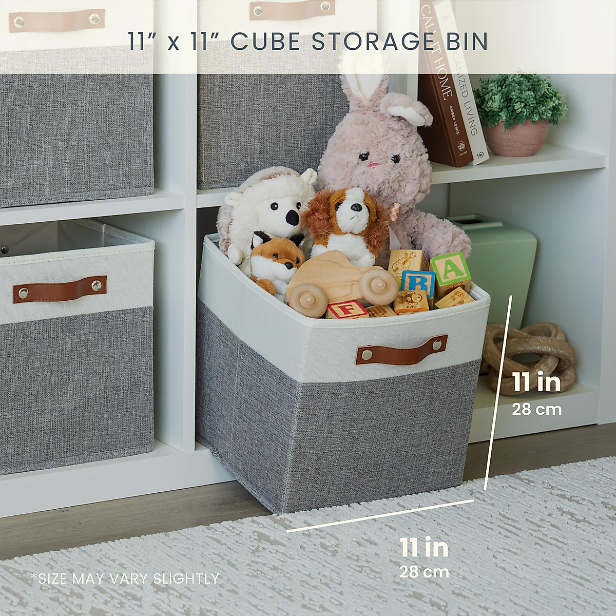 OrganiHaus 11 Inch Cube Storage Bin set of 4, Fabric Storage Bins, Cube Storage Organizer Bins, Cubby Bins w/ Vegan Handles, Kallax Organizer Storage Cube Basket, Square Storage Cubes - Grey/White