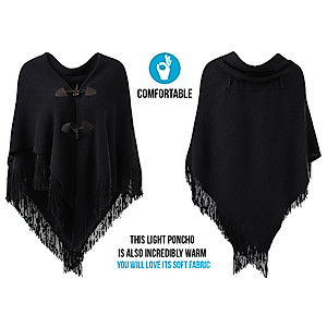 Ferand Women’s Loose Fitting Poncho Cape Shawl with Stylish Horn Buttons, V Neckline and V Hem, Black