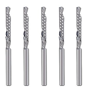 1/8 Inch Down Cut Single Flute (O Flute) Spiral End Mill CNC Router Bits ,with 1/8 Inch Cutting Dia，1 Inch Cutting Length for Acrylic PVC MDF Wood Pack of 5