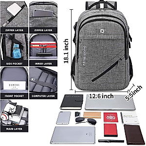 FENGDONG Large Laptop Backpack 17.3 inch Durable Waterproof Travel College Backpack Bookbag for Men & Women Business Backpack with USB Charging Port and Headset Port Dark Gray