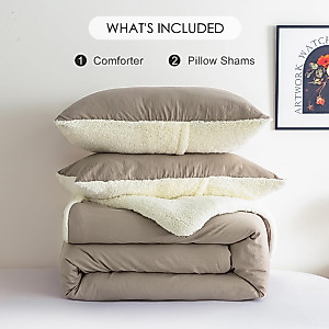COTTEBED Fluffy Sherpa Warm Winter Comforter King Size Bed, Reversible Plush Fleece Sherpa California King Down Comforter Sets Pillow Sham, Cozy Ultra-Soft Thick Washed Cotton Bedding Set, Beige White